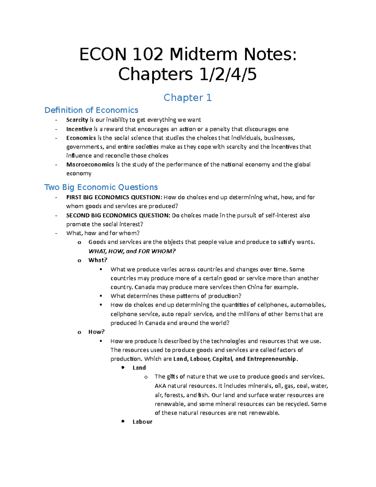 ECON 102 Midterm Study Notes: Key Economic Concepts & Chapters 1-2 ...