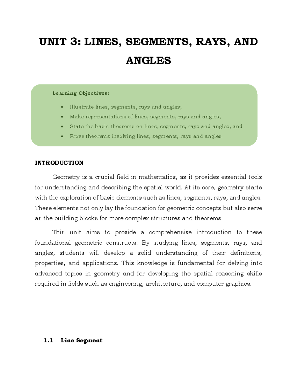 UNIT-3: Lines, Segments, Rays, and Angles in Geometry - Studocu