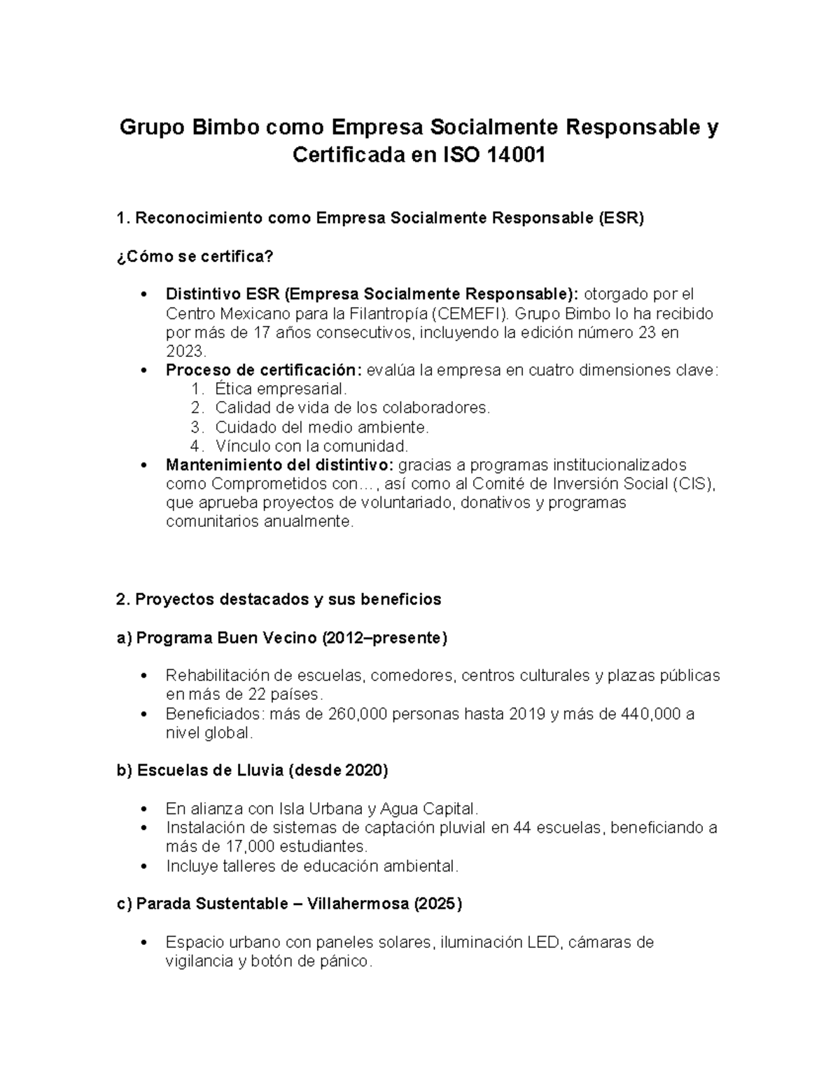 Grupo Bimbo Responsabilidad Social Y Certificación Iso 14001 Studocu