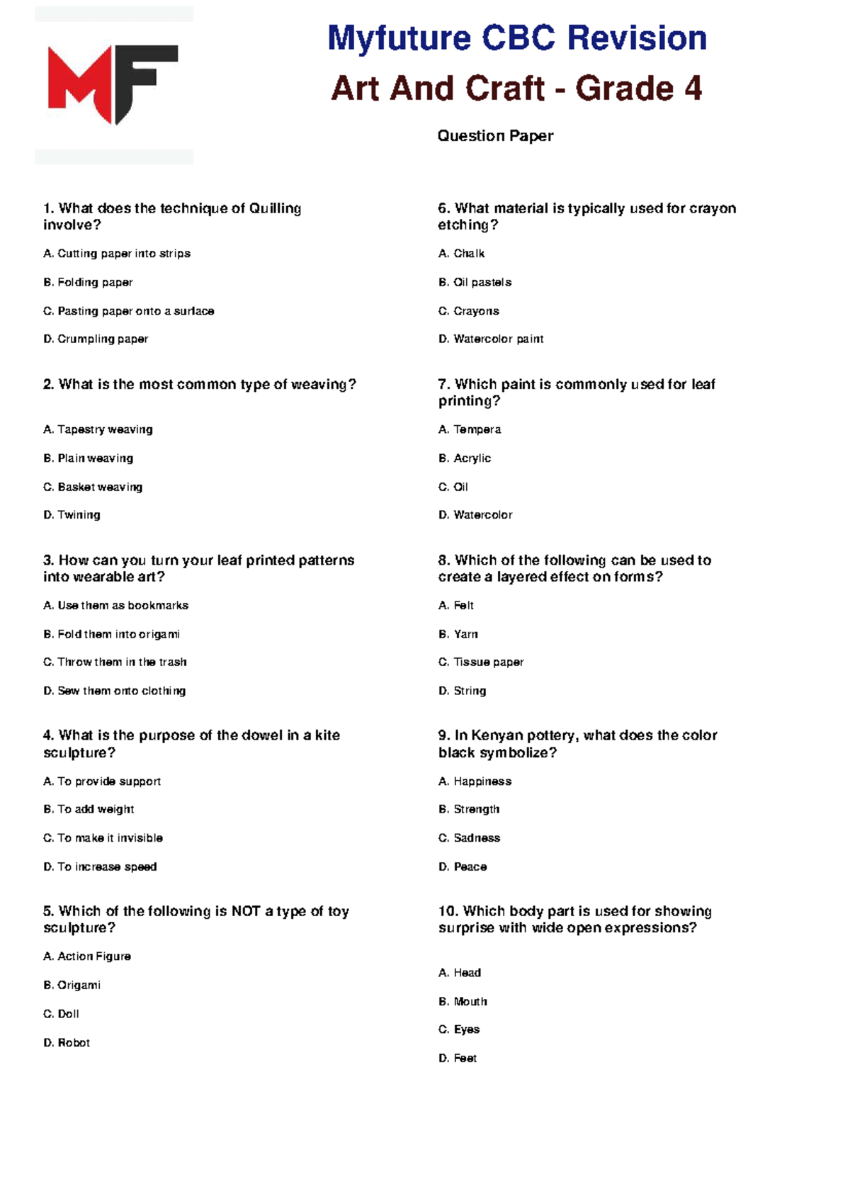 Myfuture CBC Revision: Art and Craft Grade 4 Question Paper 1 - Studocu