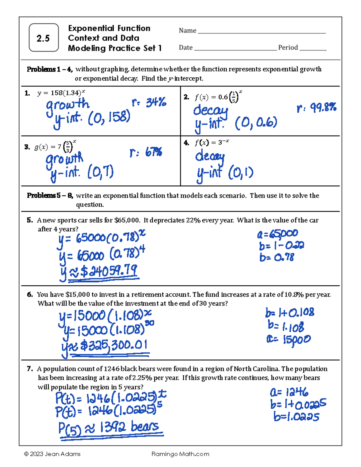 Exponential Functions Modeling Practice Set 1 & 2 - Answers (MATH101 ...