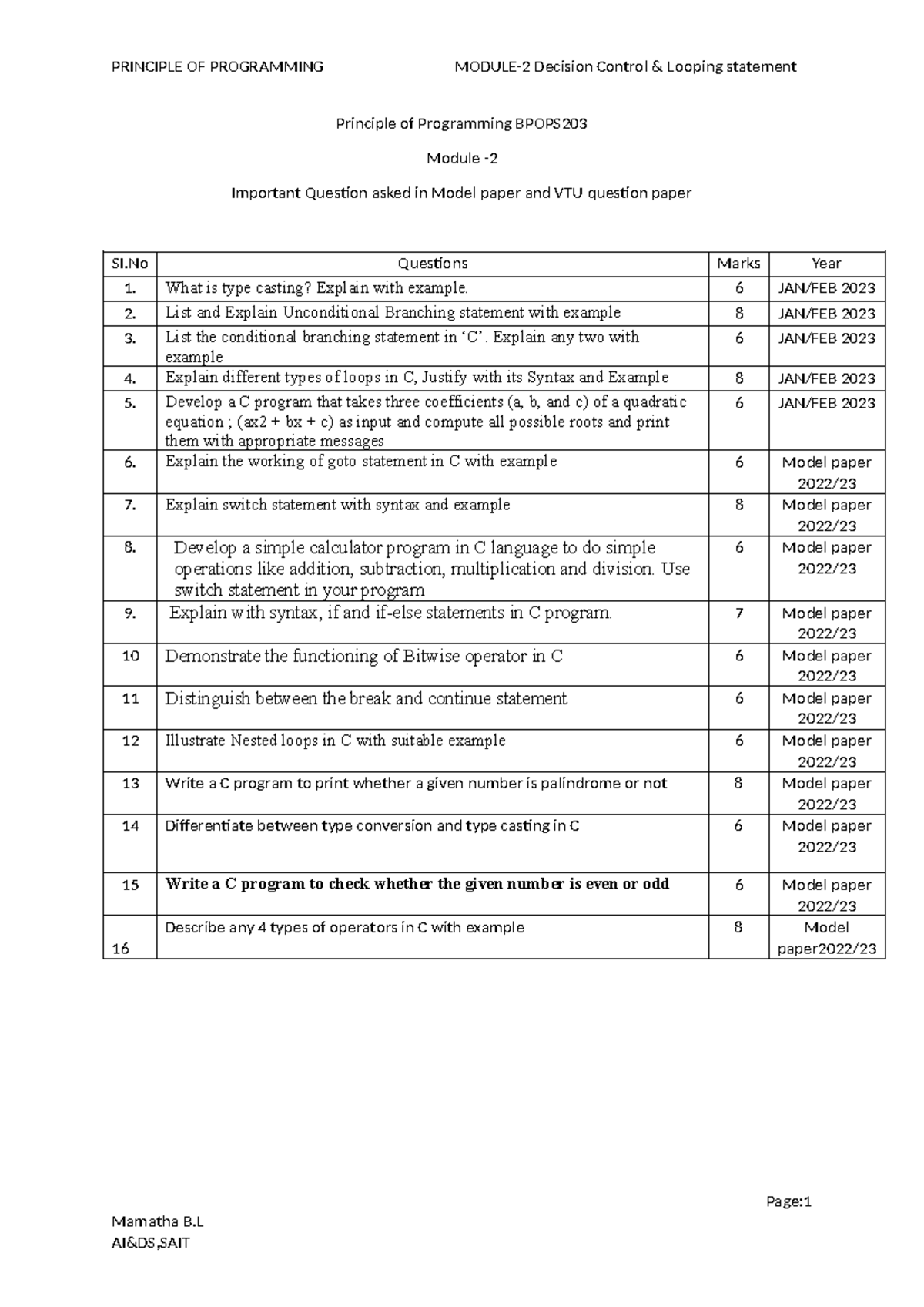 BPOPS203 Module-2 Important Questions & Solutions on Control Statements ...