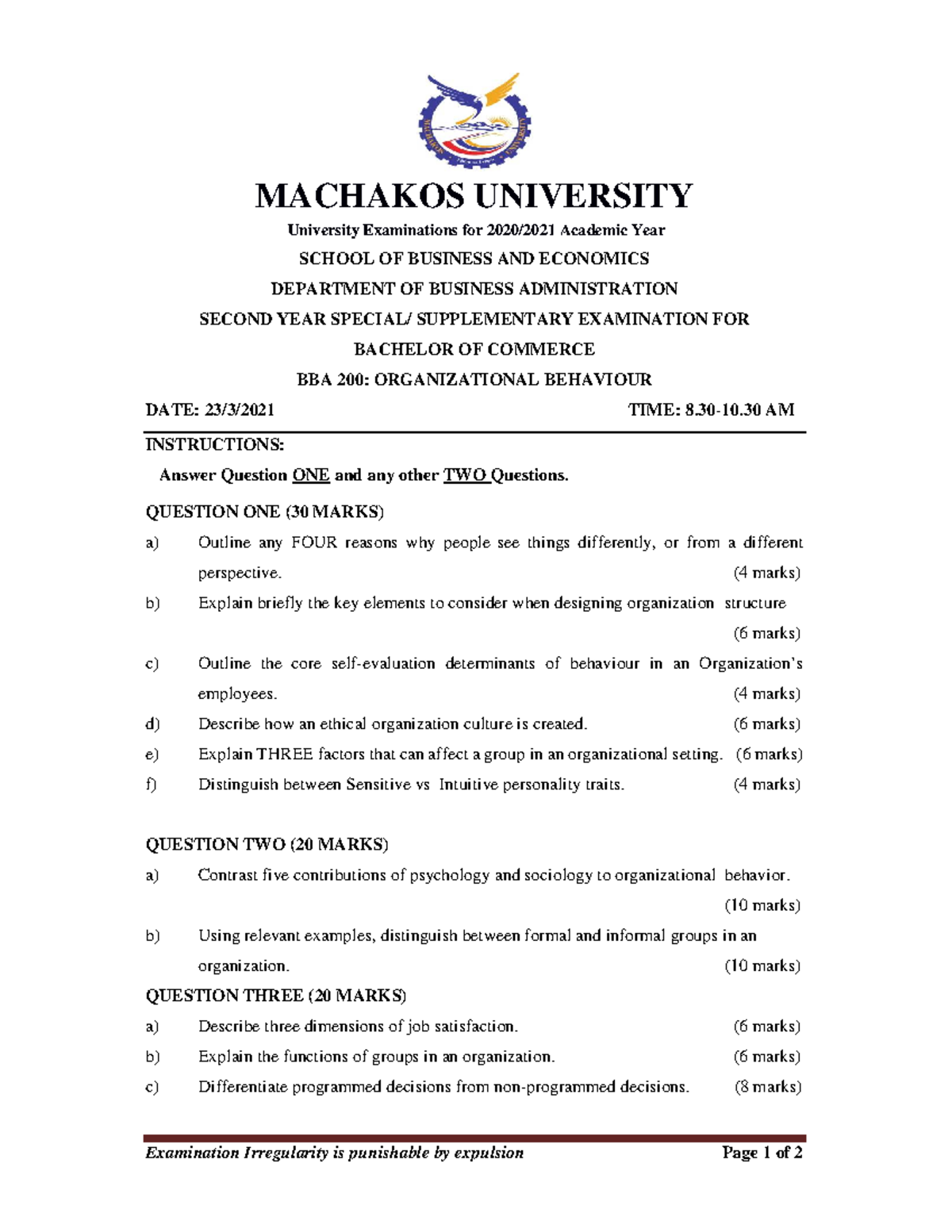 BBA 200: Organizational Behaviour Supplementary Exam Guide - Studocu