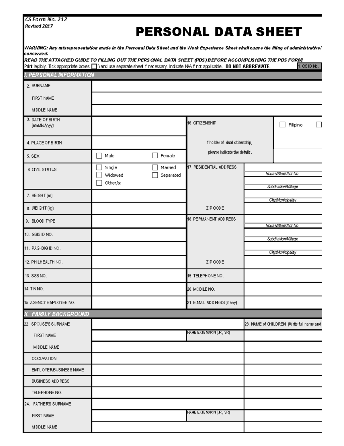 CS Form No. 212: Personal Data Sheet Guidelines & Instructions - Studocu