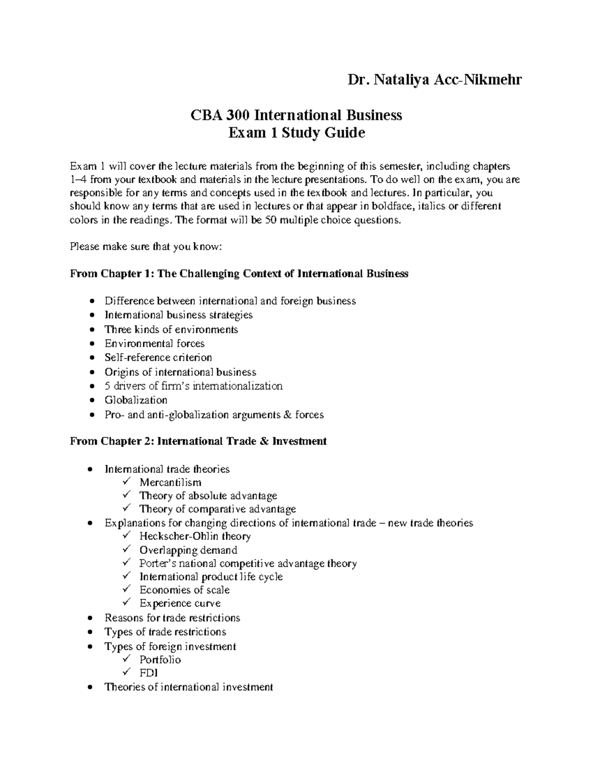 CBA 300 International Business Exam 1 Study Guide - Studocu