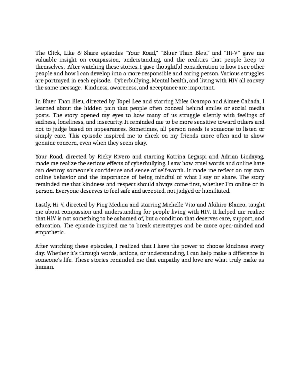 Click LIKE Share - Essay on Compassion and Understanding - Studocu