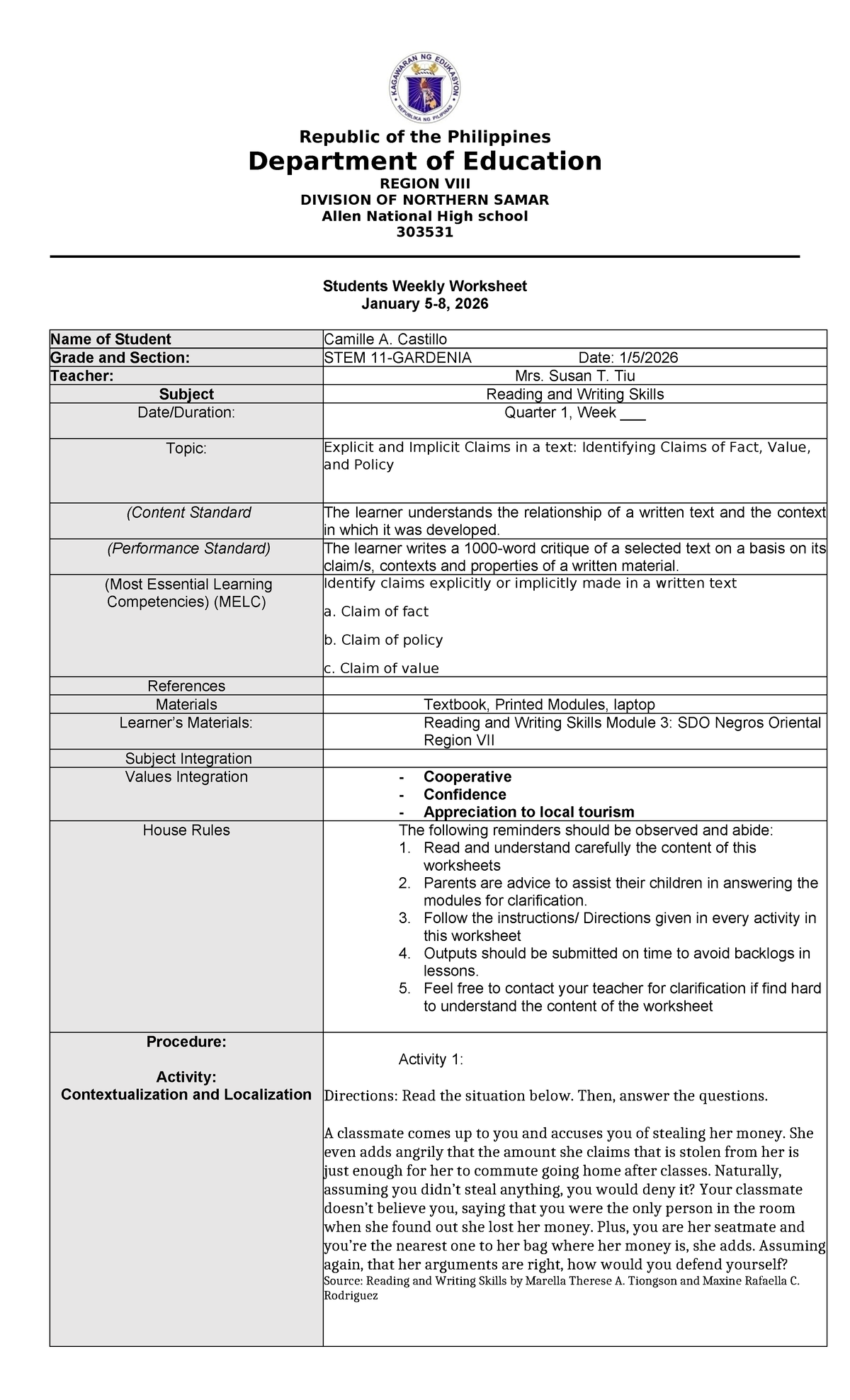 Reading and Writing Skills Worksheet: Claims Analysis (STEM 303531 ...