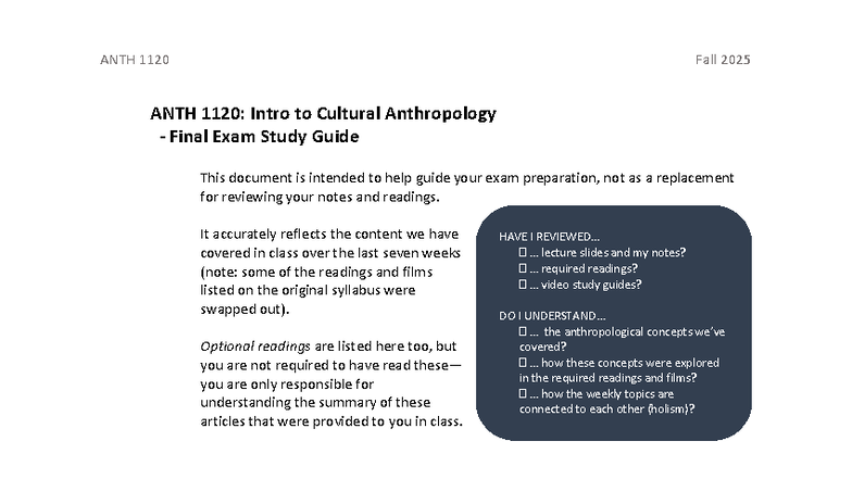ANTH 1120 Fall 2025: Final Exam Study Guide for Cultural Anthropology - Studocu