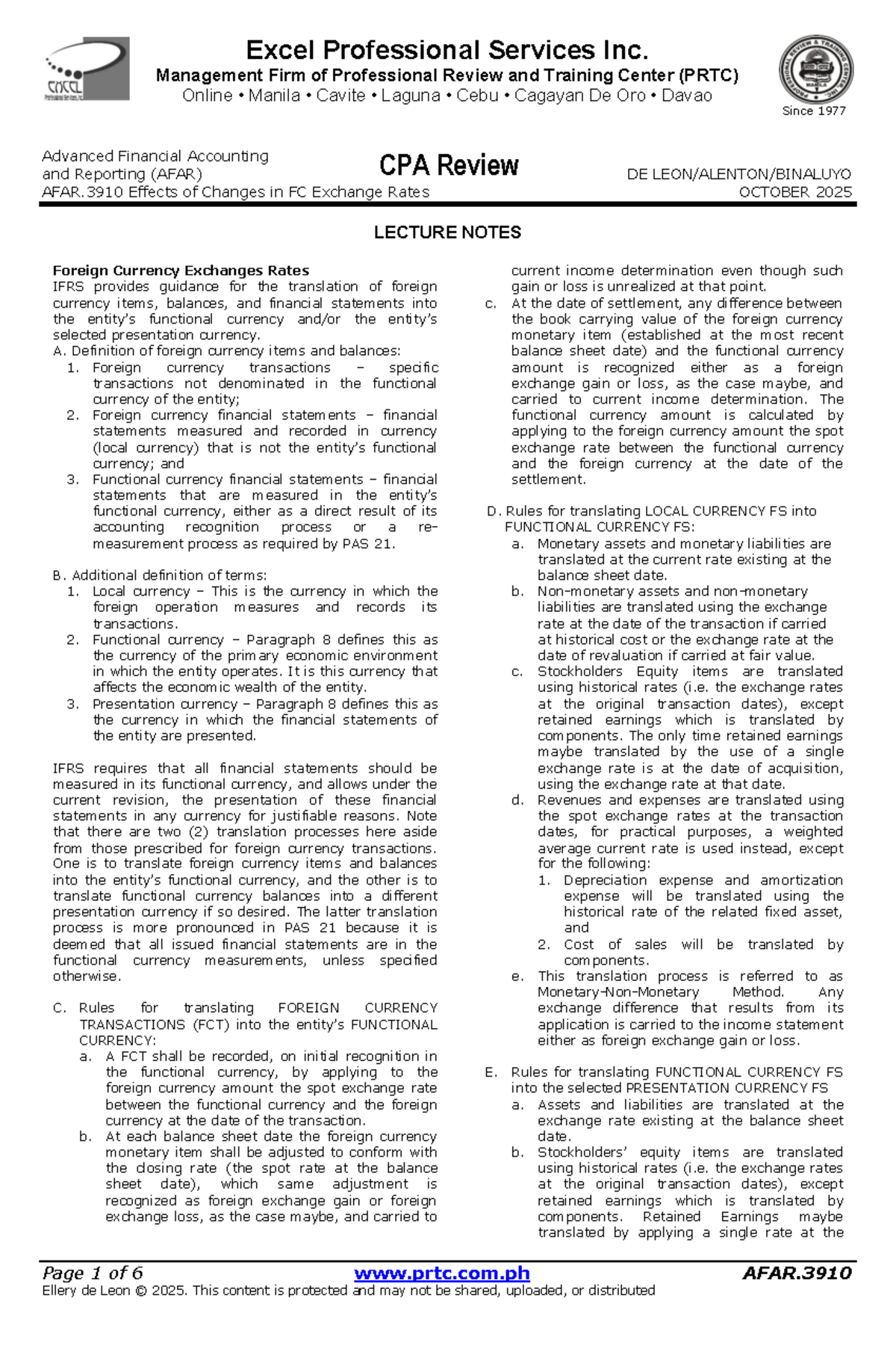AFAR.3910 Lecture Notes on Effects of Changes in Foreign Currency ...