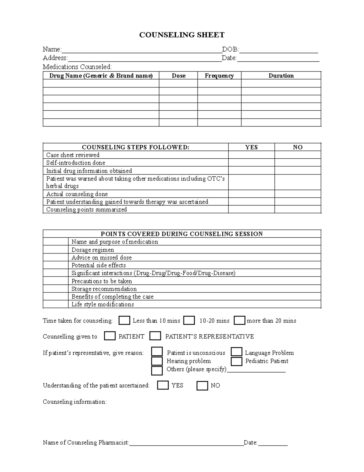 Counseling Sheet - COUNSELING SHEET Name:_______________________DOB ...