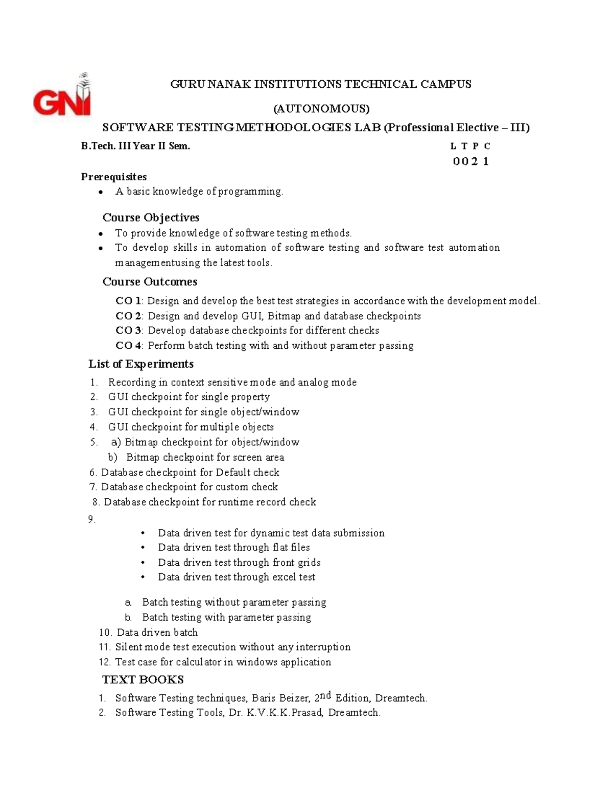 B.Tech II Sem Software Testing Methodologies Lab Syllabus (Professional ...