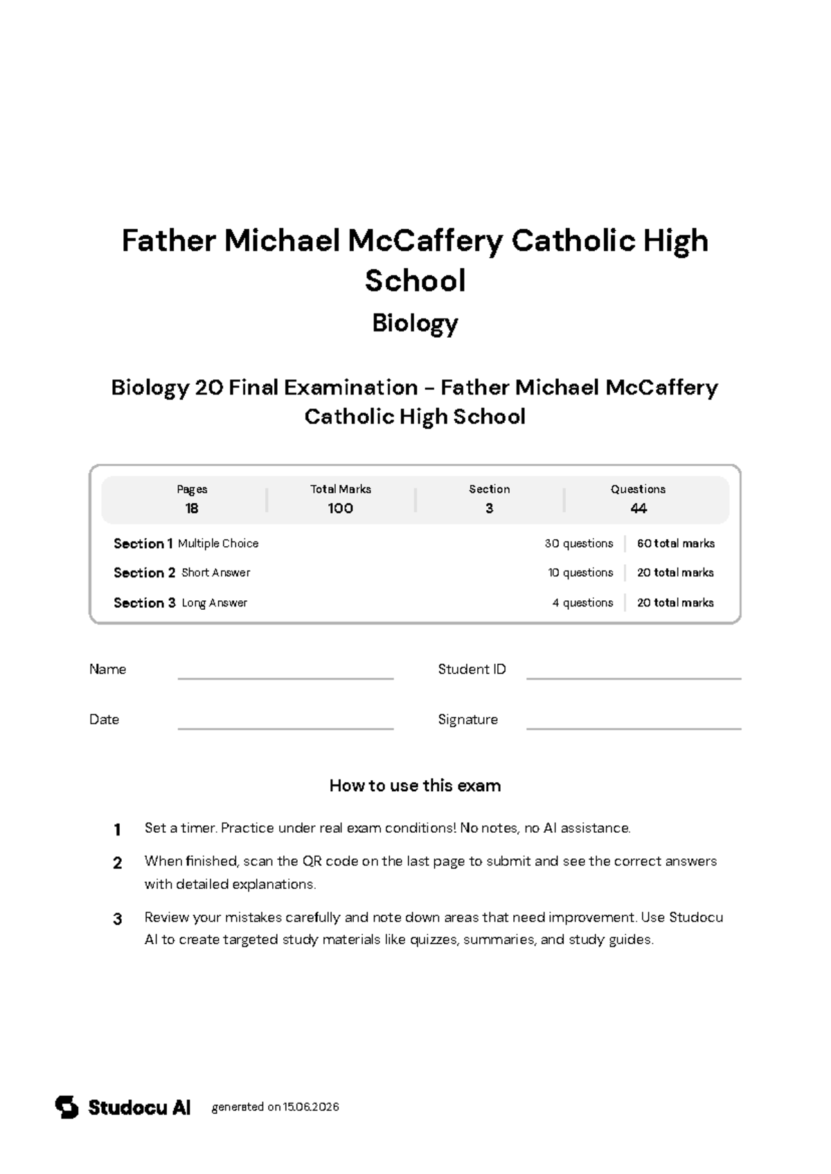 Biology 20 Final Exam - Father Michael McCaffery High School - Studocu
