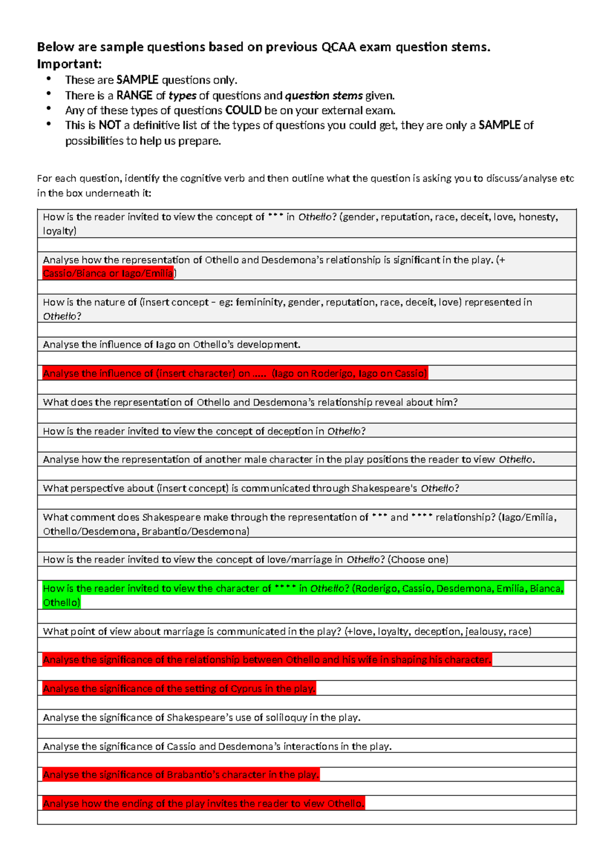 QCAA Sample Exam Questions for Othello Analysis - Studocu
