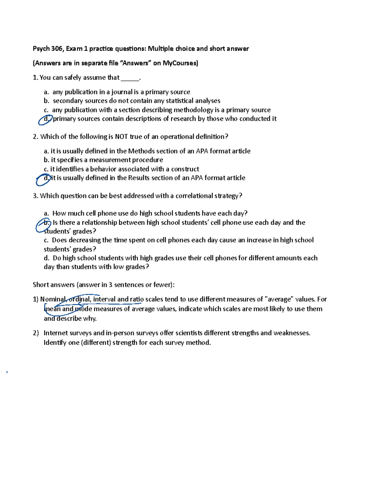 Psych 306, Exam 1 Practice Questions: MC & Short Answer Review - Studocu