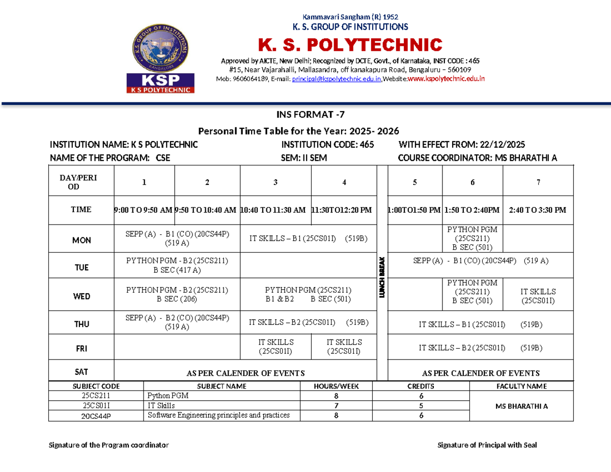 CSE II Sem Personal Time Table 2026 - K.S. Polytechnic - Studocu