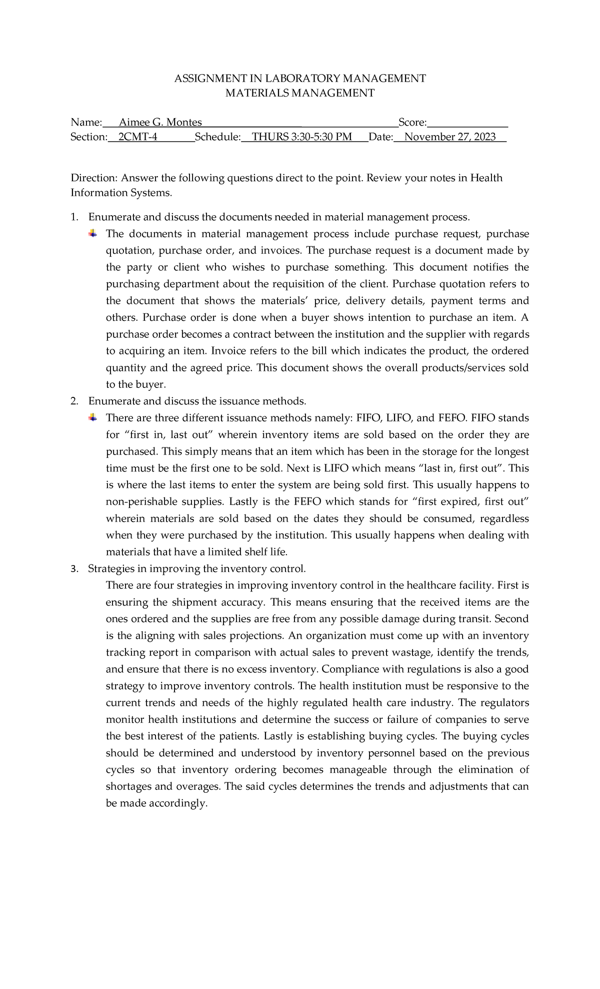 CMT-4 Assignment 6: Lesson 2 Materials Management Overview - Studocu