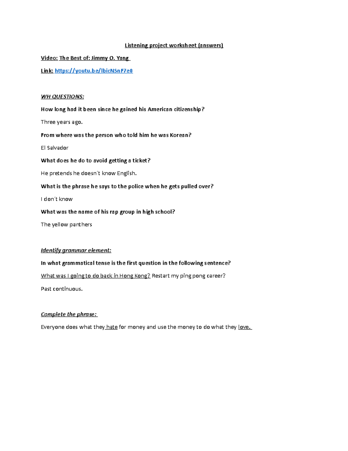 Listening project worksheet answered - Listening project worksheet ...