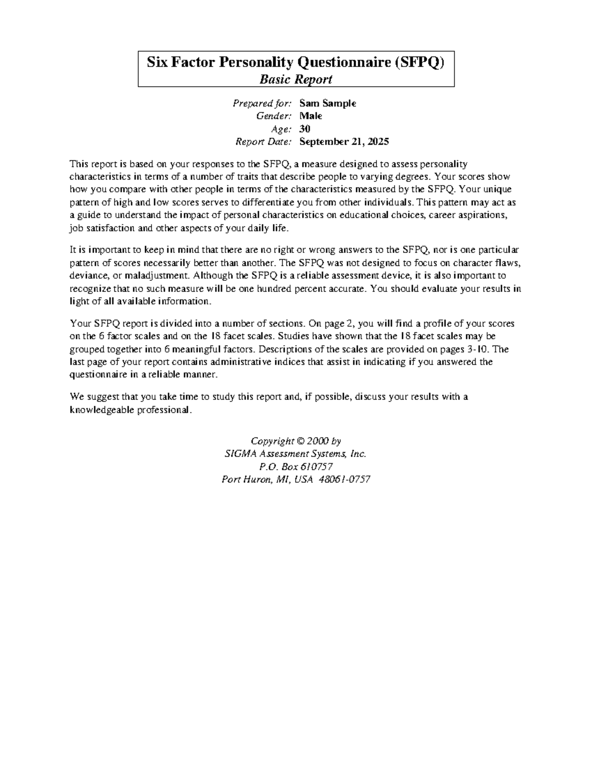 SFPQ Basic Report for Sam Sample - Personality Assessment Insights ...