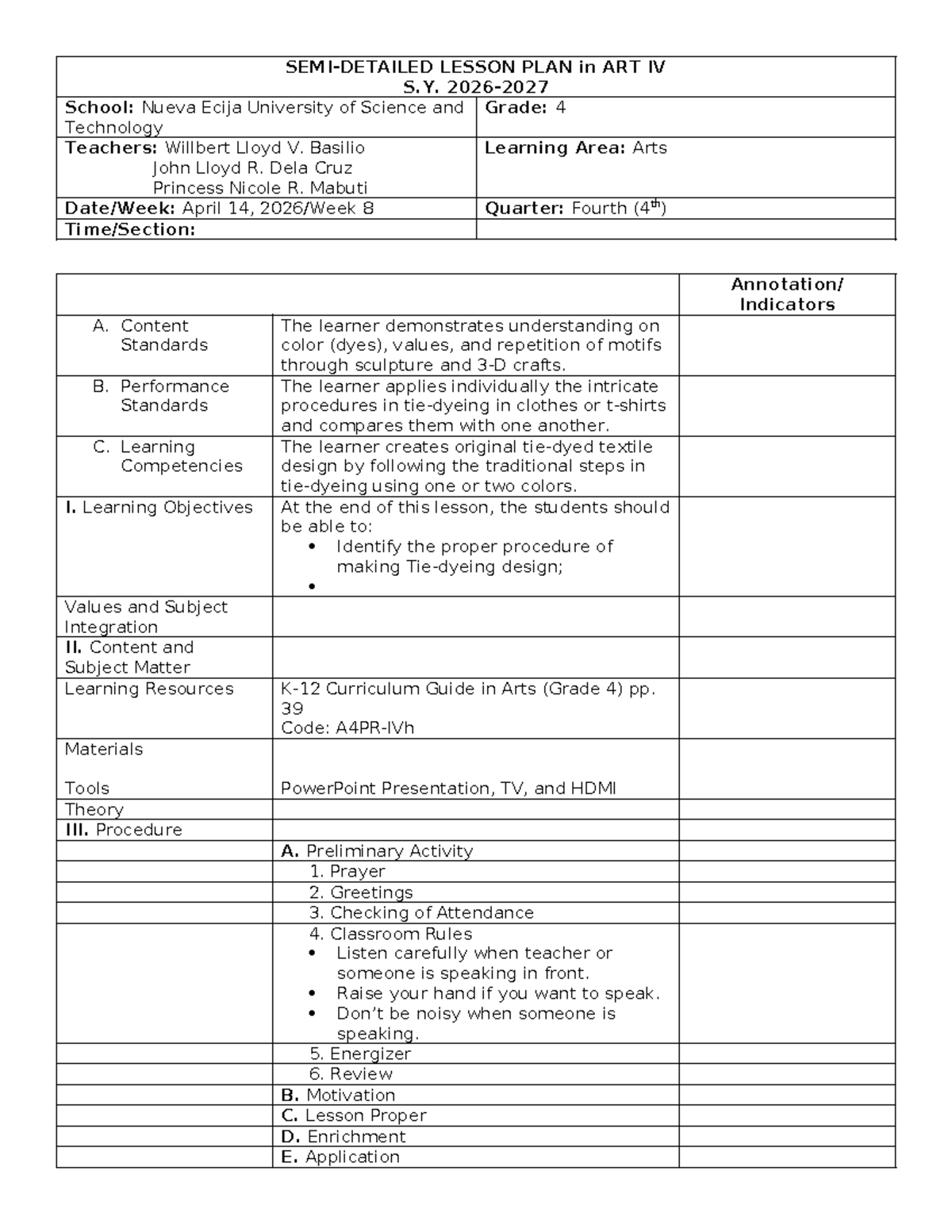 LESSON PLAN: ART IV S.Y. 4th Quarter - Nueva Ecija University - Studocu