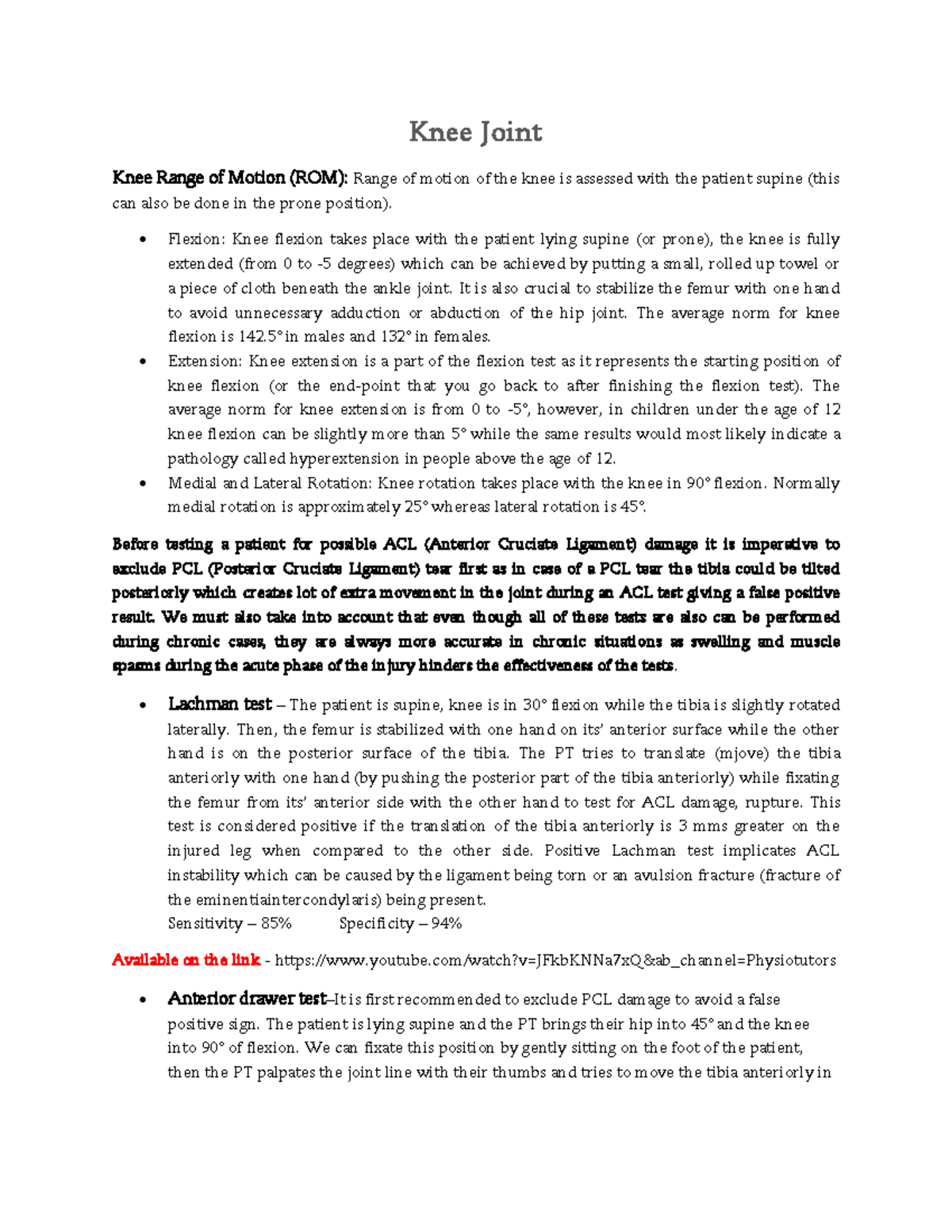 Knee Joint ROM Assessment Techniques: H2-Skills Handout I Semester ...