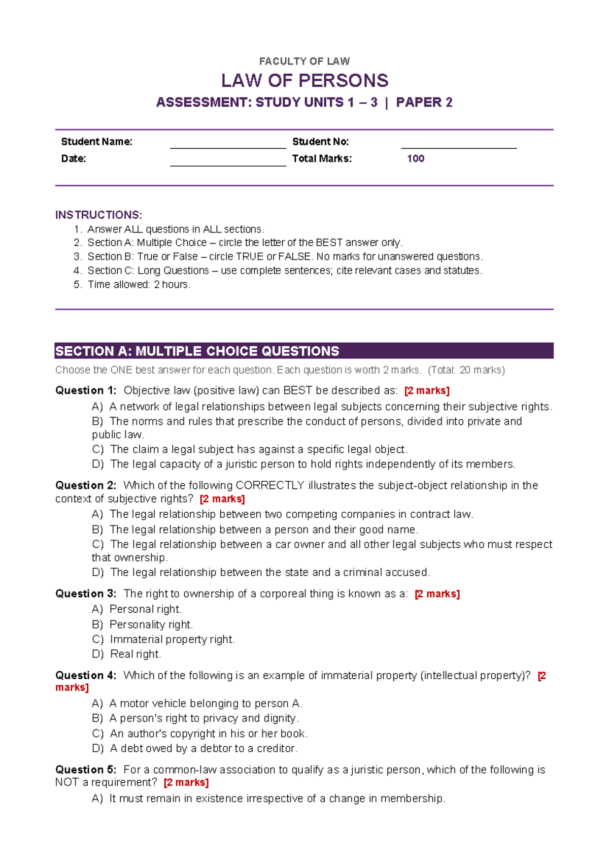 Law of Persons Assessment: Question Paper 2 (100 Marks) - Studocu