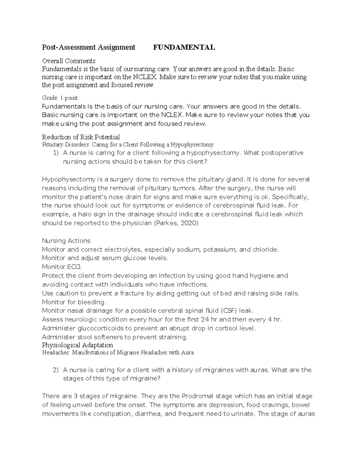 N493 Capstone Post Assessment: Nursing Care for Hypophysectomy ...