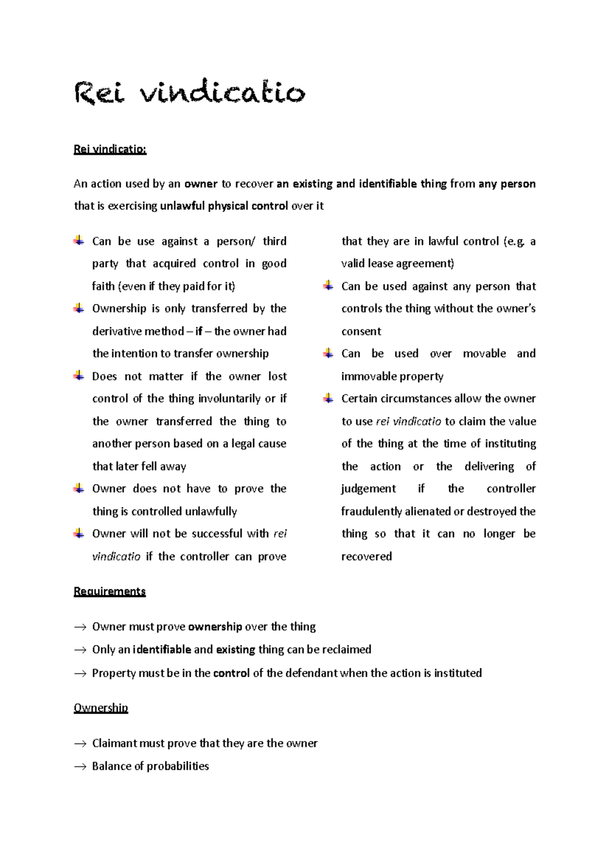 IURI 272: Exam Notes on Rei Vindicatio and Real Security Rights - Studocu