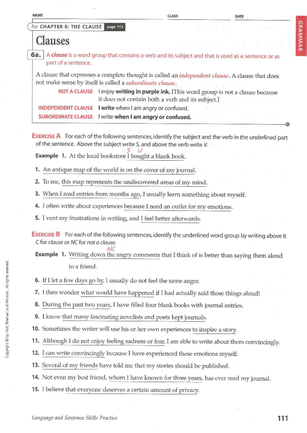 Chapter 6: Clauses Worksheets for Grammar Practice - Studocu