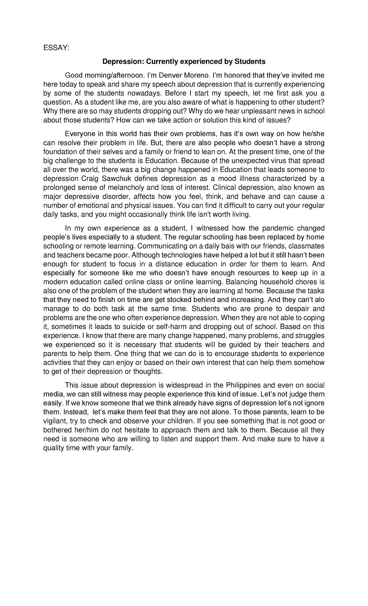 Depression Among Students: Insights & Solutions Essay - Studocu