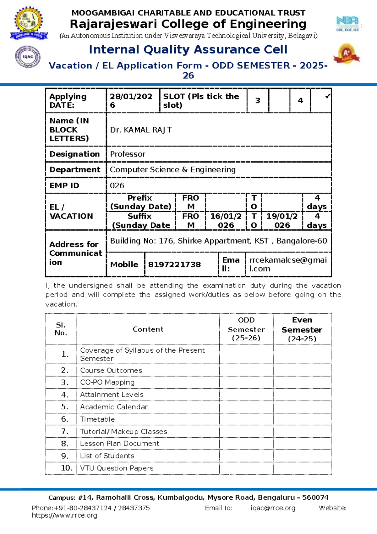 Vacation EL Application Form for Teaching Staff - ODD SEM 2025-26 - Studocu