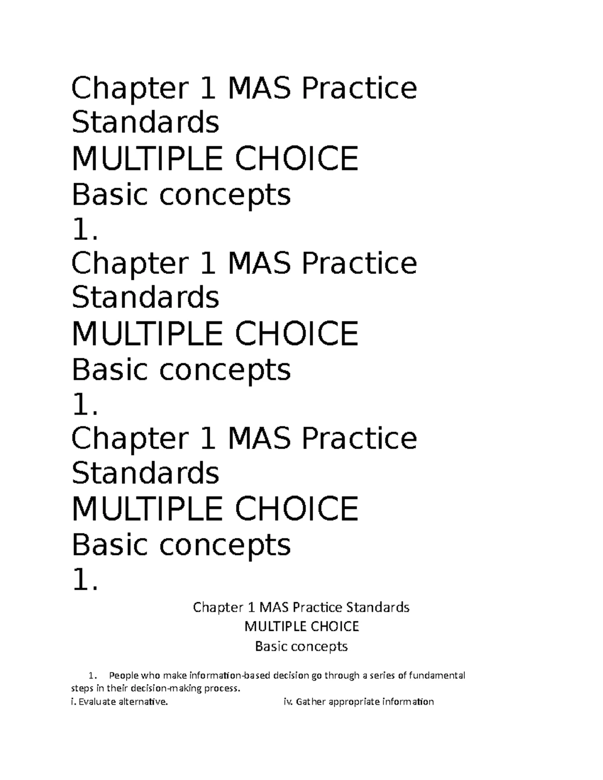 Chapter 1 MAS Practice Standards MCQ - Chapter 1 MAS Practice Standards MULTIPLE CHOICE Basic ...