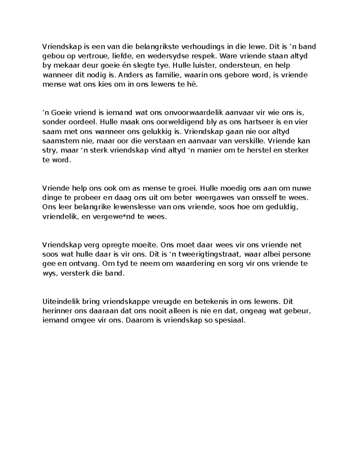 Afrikaans - Essensie van Vriendskap: 'n Eenvoudige Opstel - Studocu