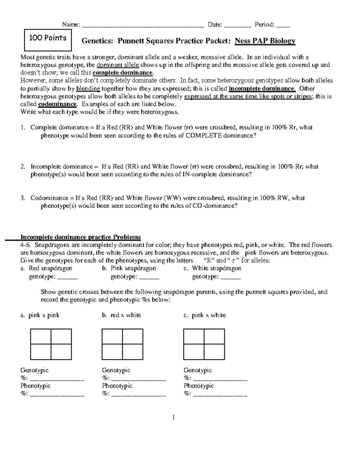 Genetics: Punnett Squares Practice Packet - Ness PAP Biology - Studocu