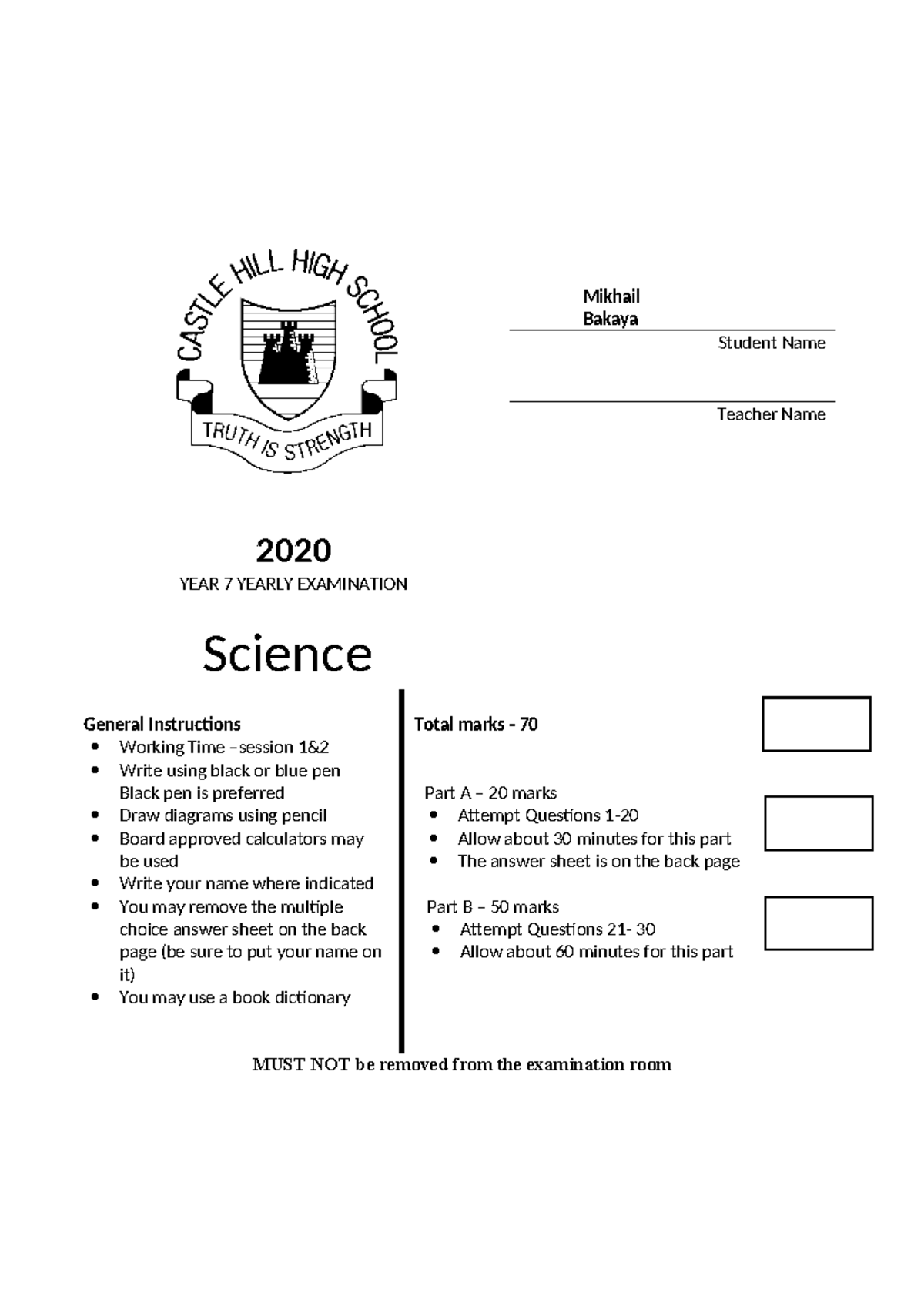 2020 YEAR 7 YEARLY EXAMINATION Science - Complete Guide - Studocu