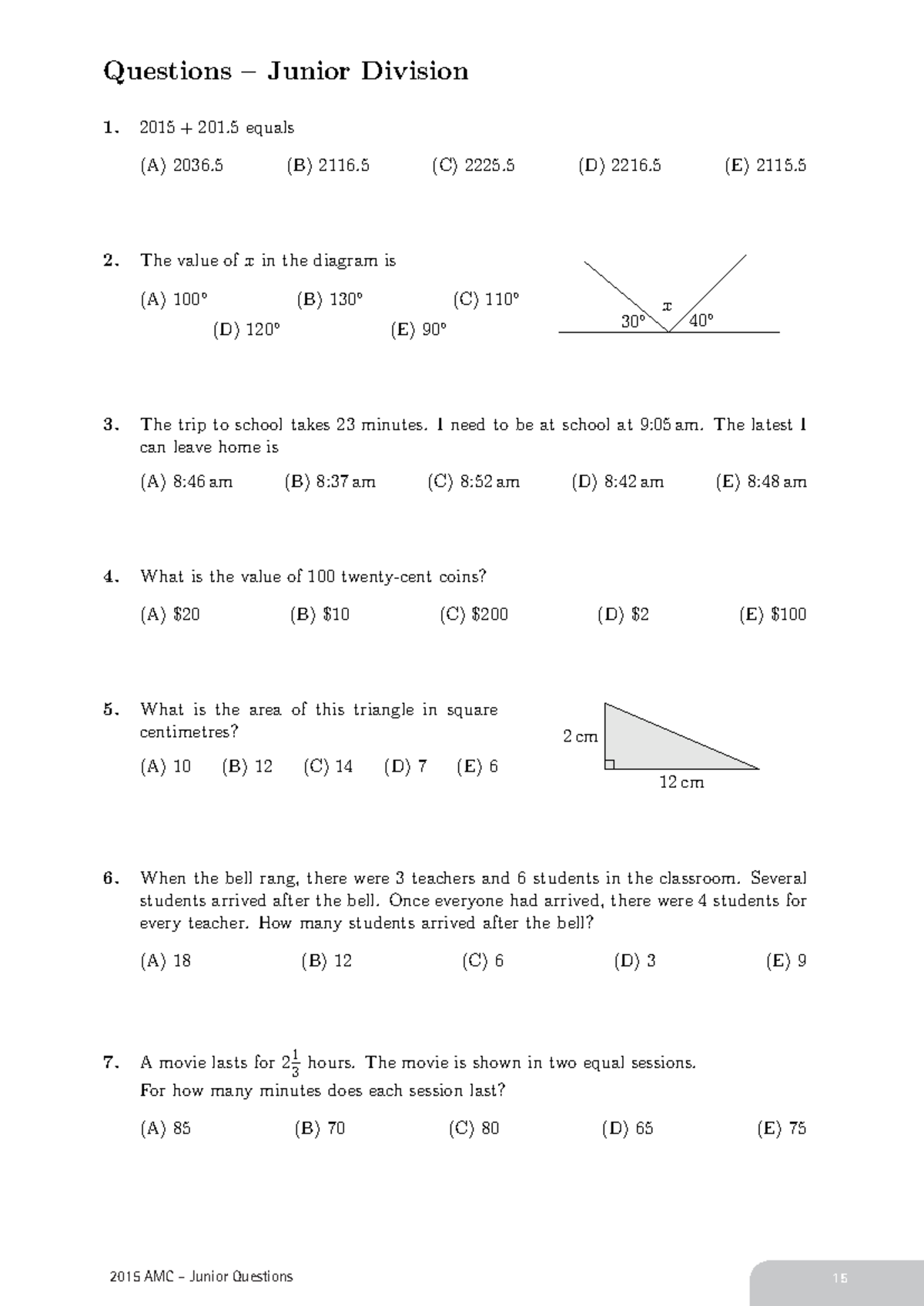 AMC 2015 Junior Division Problem Set and Solutions - Studocu