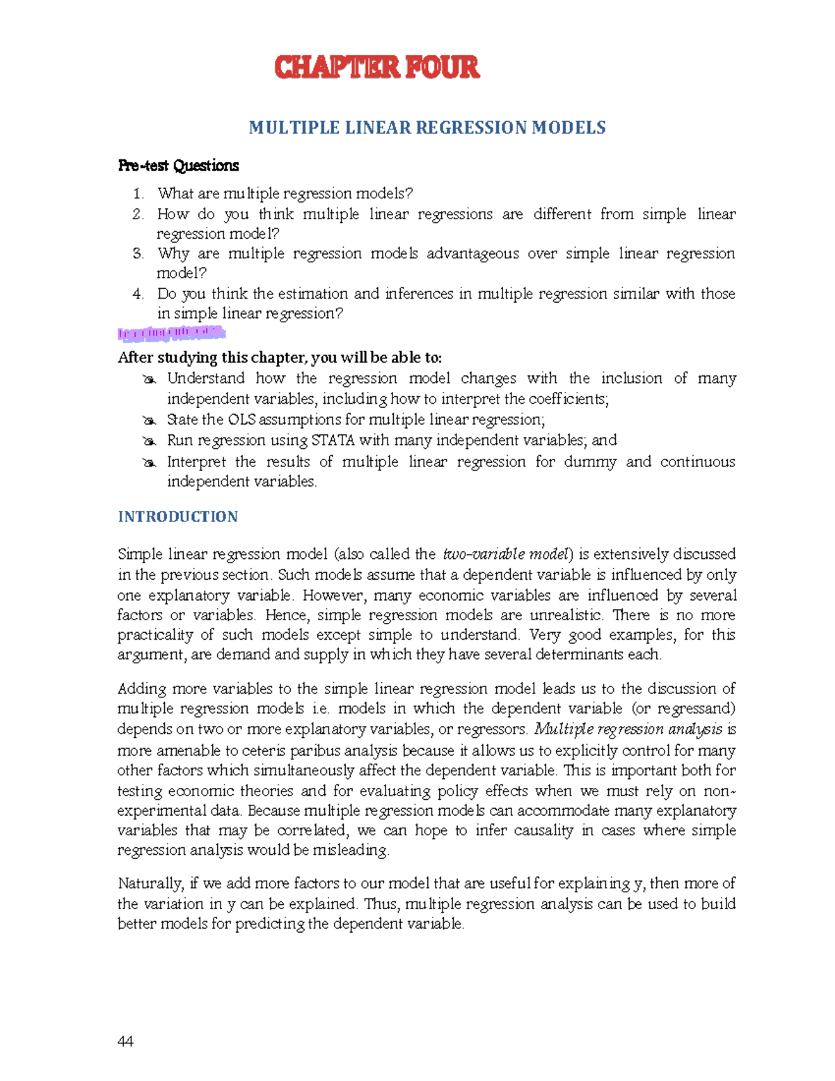 Econometrics EC201 Final Exam Chapter 2: Multiple Linear Regression - Studocu