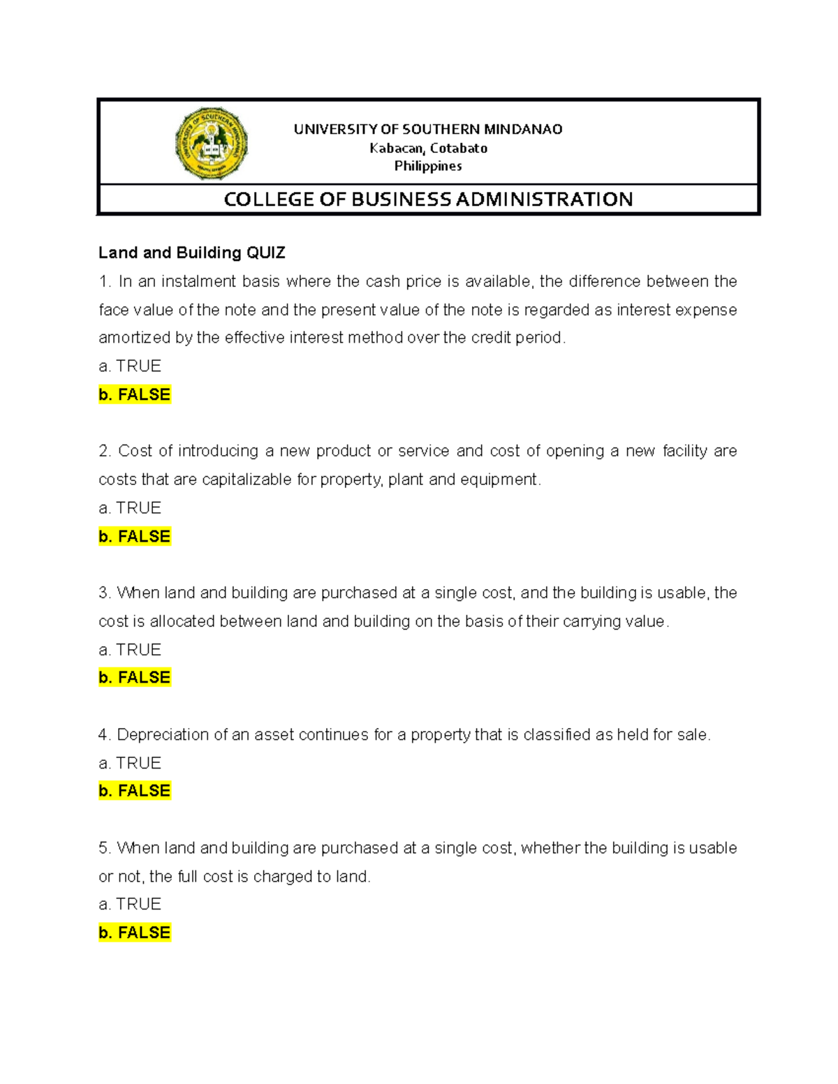 Land and Building Quiz - CBA Course Review Questions - Studocu