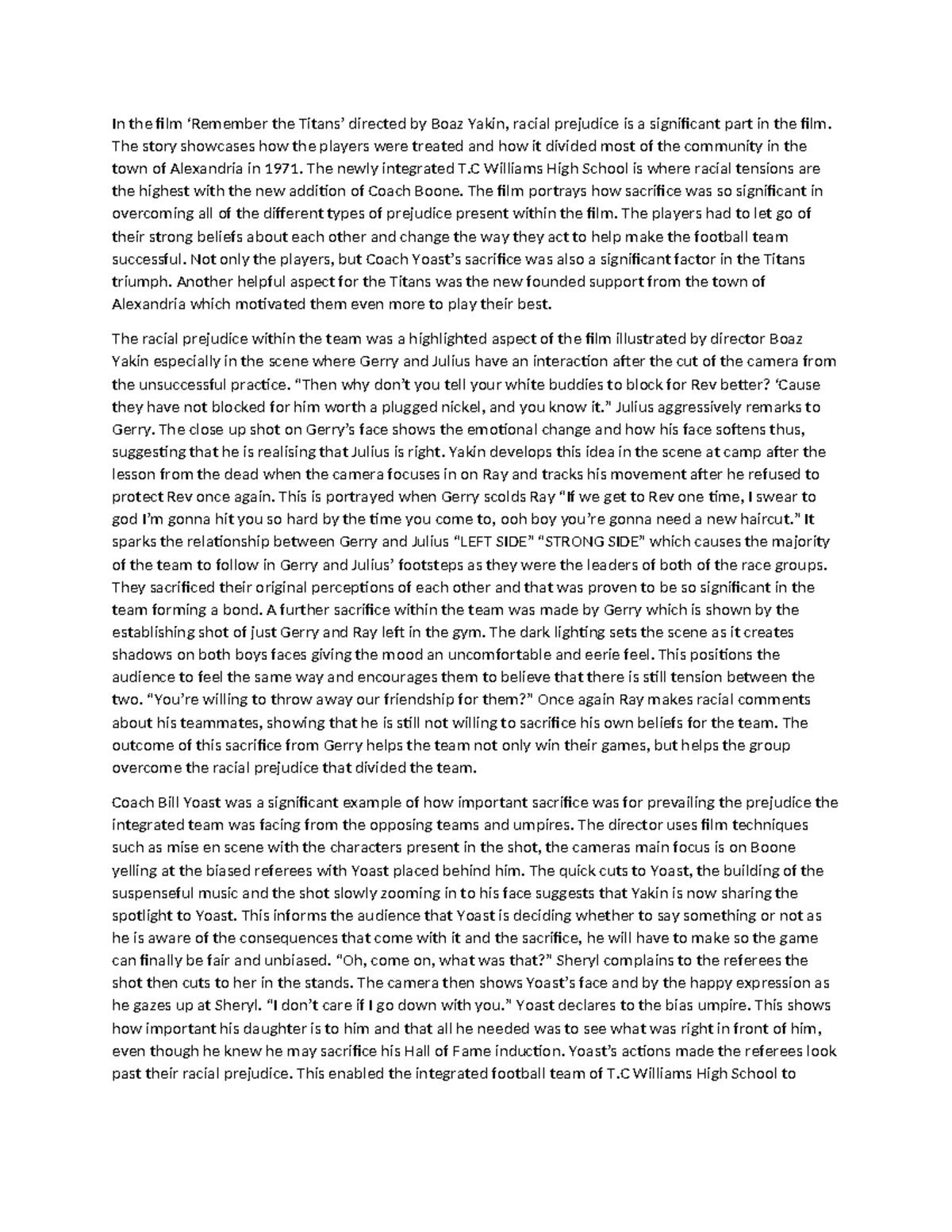 Remember the Titans Essay: Sacrifice and Prejudice in T.C. Williams ...