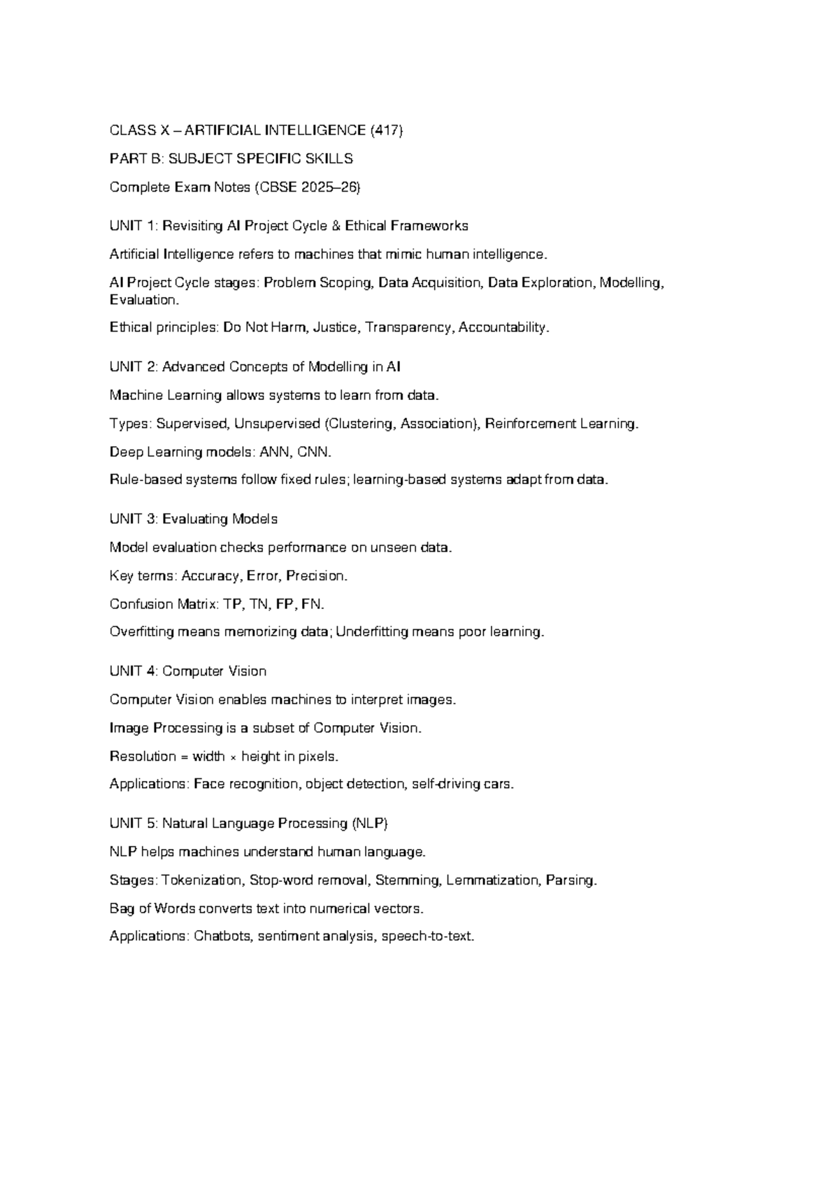 Class 10 AI (417) Part B: Complete Exam Notes on AI Skills - Studocu