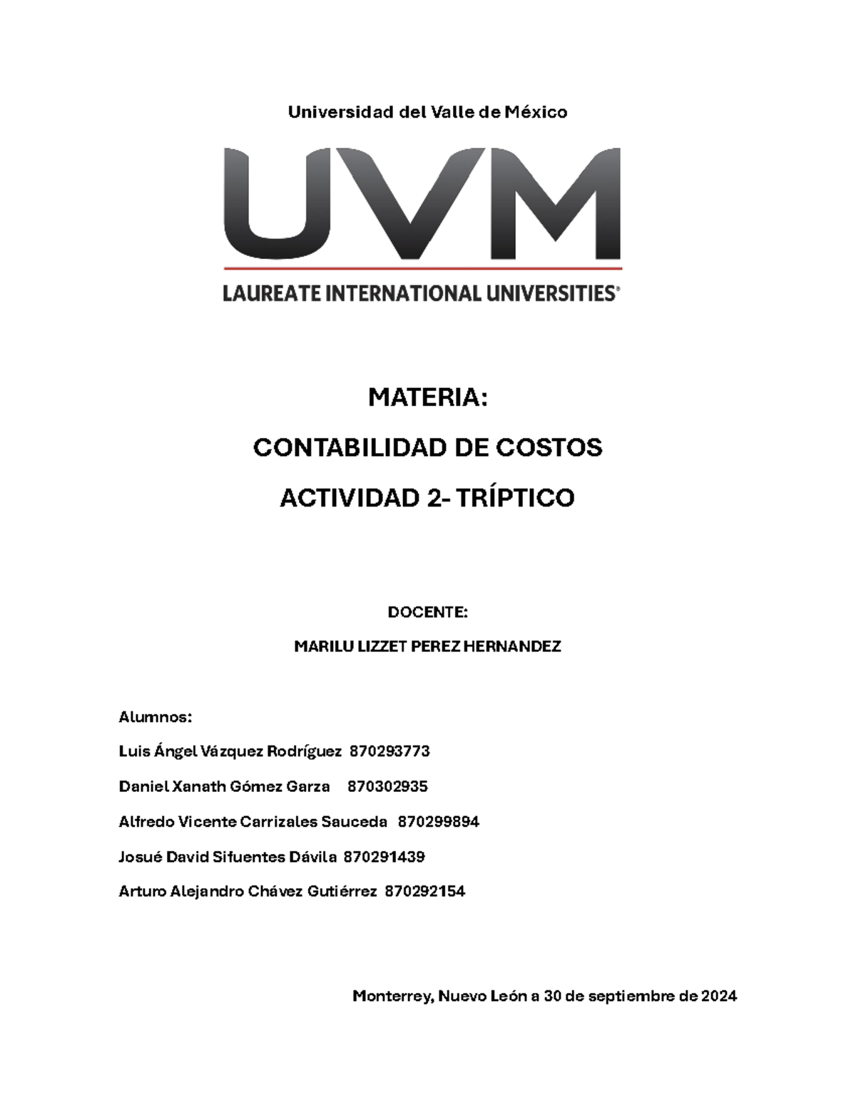 Tríptico sobre Contabilidad de Costos - UVM 2024 - Studocu