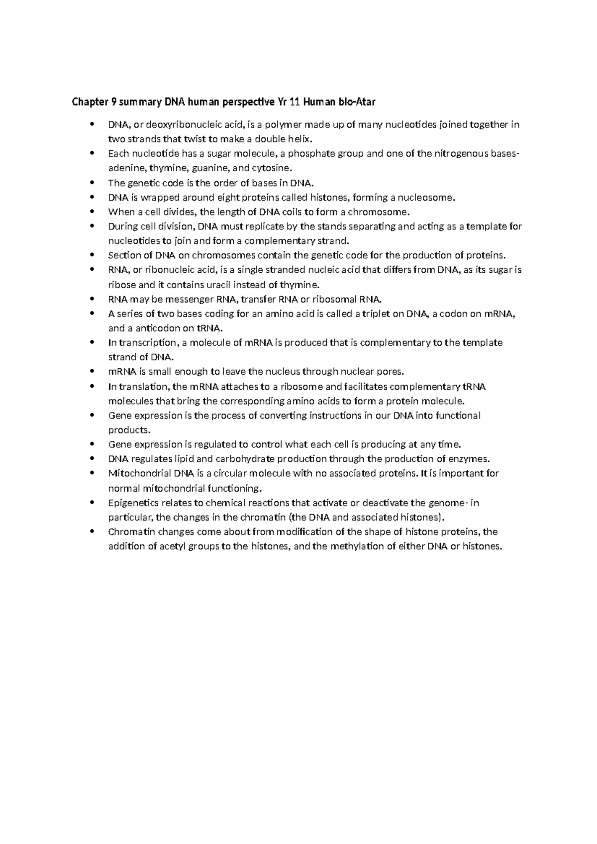 Yr 11 Human Bio ATAR Chapter 9 Summary: DNA from a Human Perspective ...