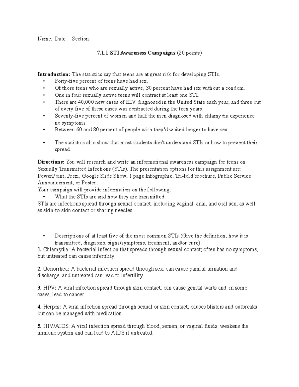 STI Awareness Campaign: Informational Project for Teens - Studocu