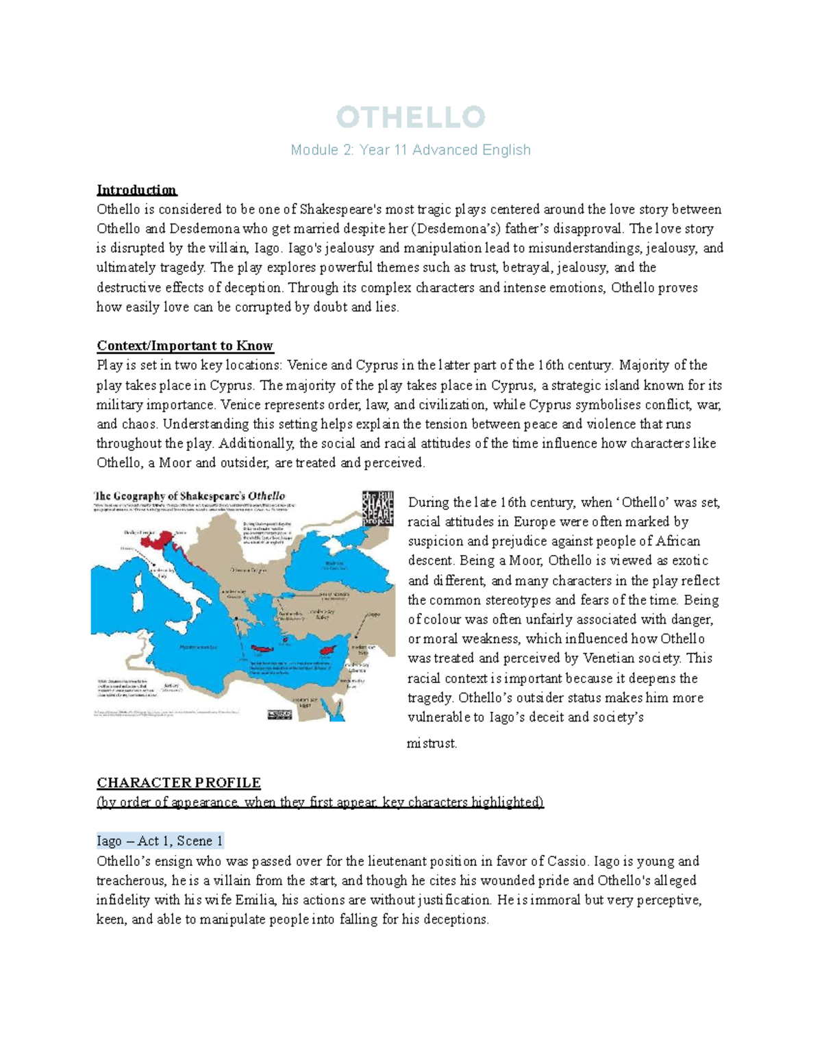 Mod 2: Year 11 Advanced English - Othello Analysis and Themes - Studocu