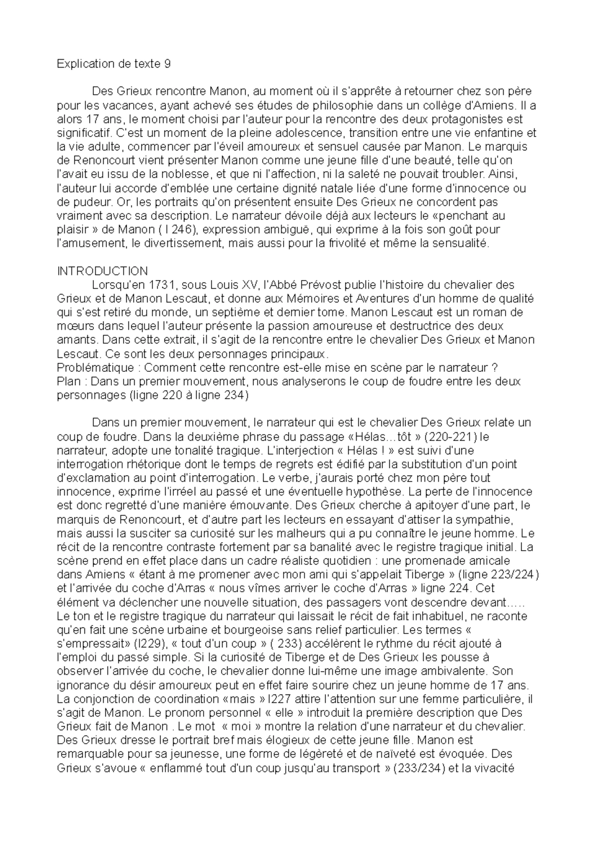 Analyse linéaire Manon Lescaut, La rencontre entre Des Grieux et Manon Lescaut - Explication de ...