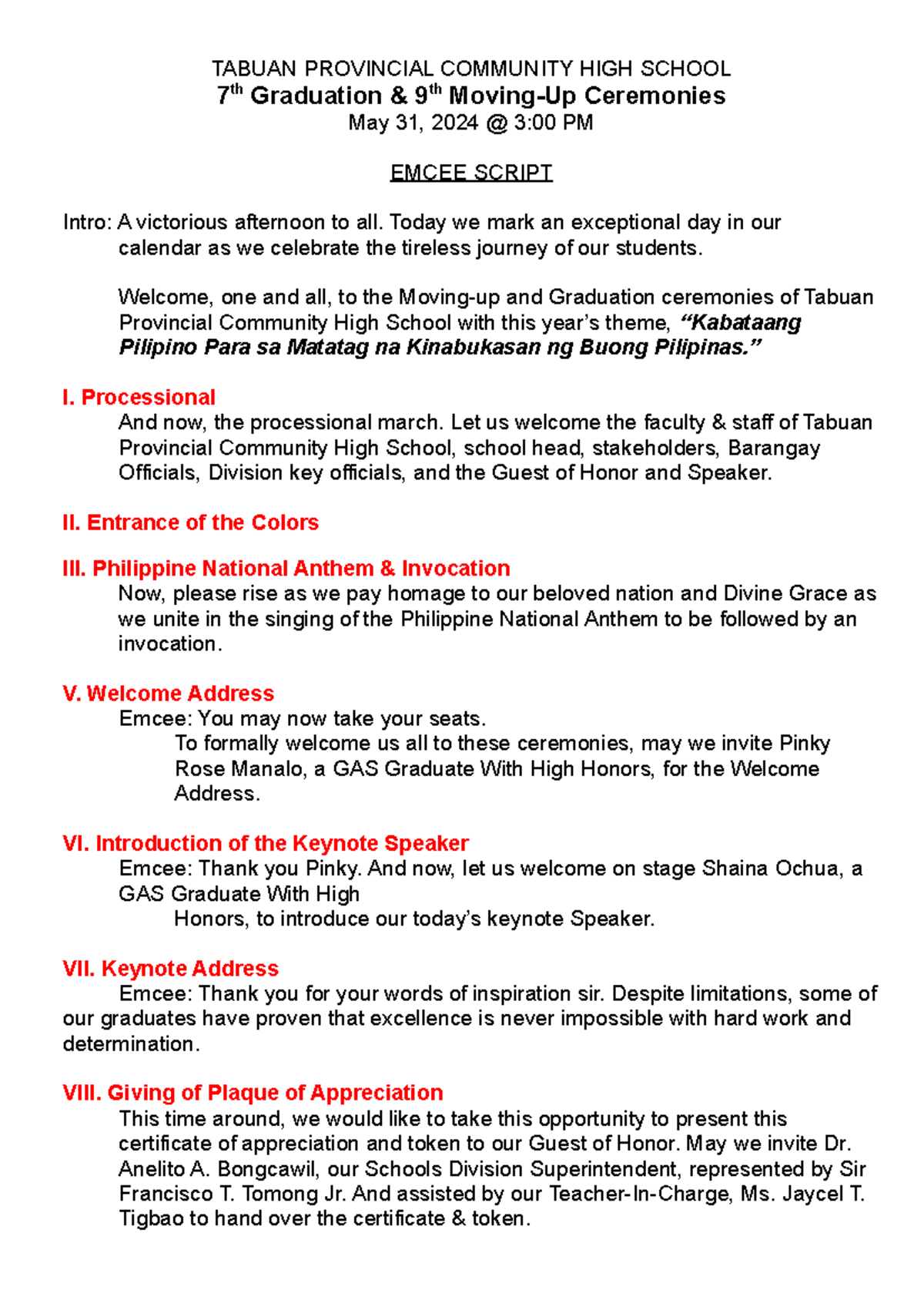 Graduation Emcee Script for Tabuan PCHS (2023-2024 Ceremonies) - Studocu