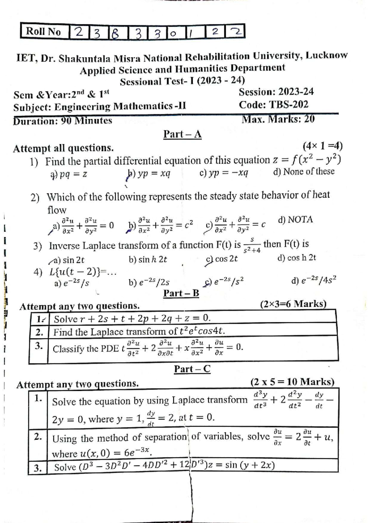 B.Tech 2nd Sem Eng. Math 2 Midterm Exam (2023-24) - Studocu