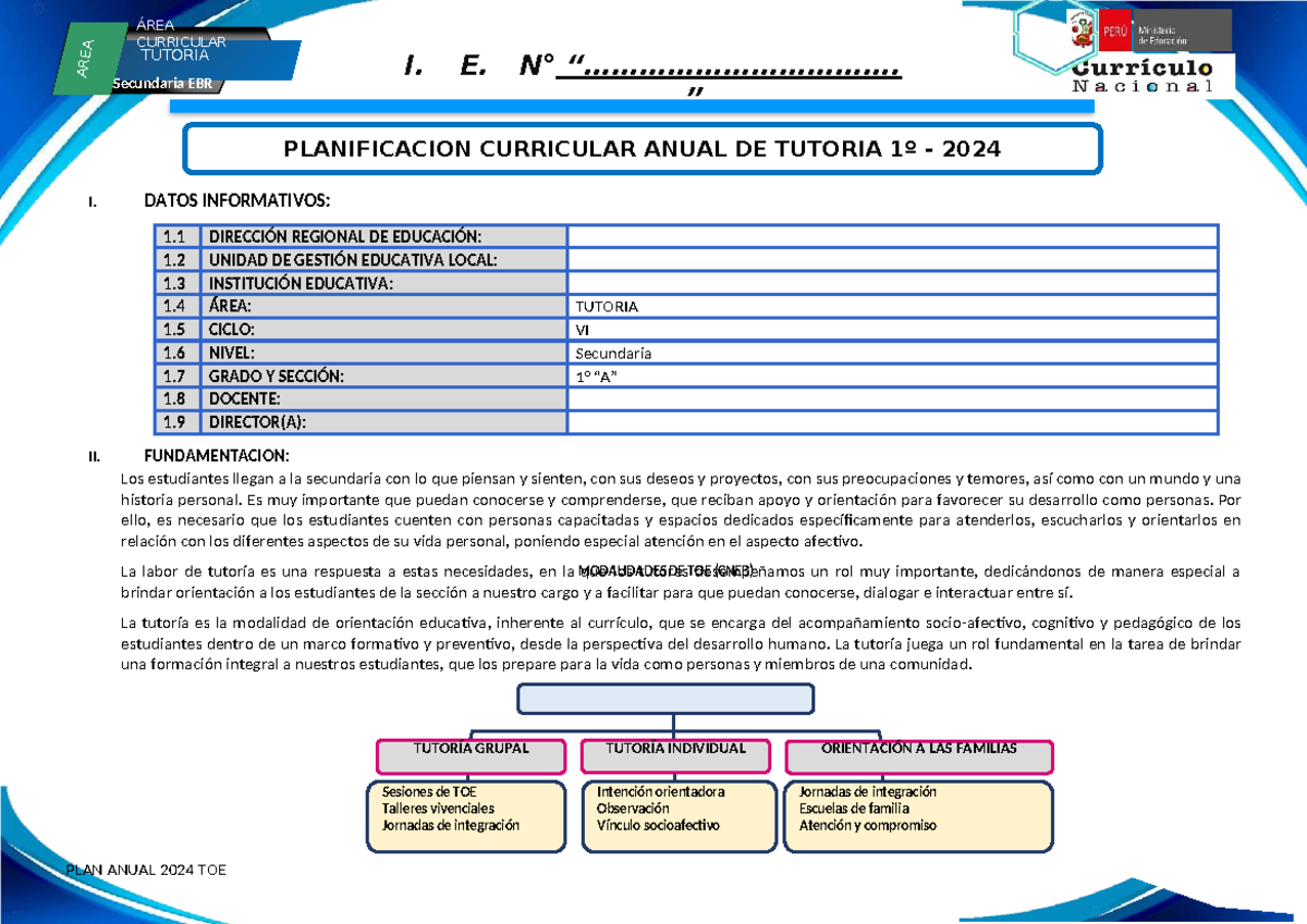 PLAN Anual Tutoria 1° SEC -2024 - TUTORIA AREA Secundaria EBR ÁREA CURRICULAR 1° I. E. N° - Studocu