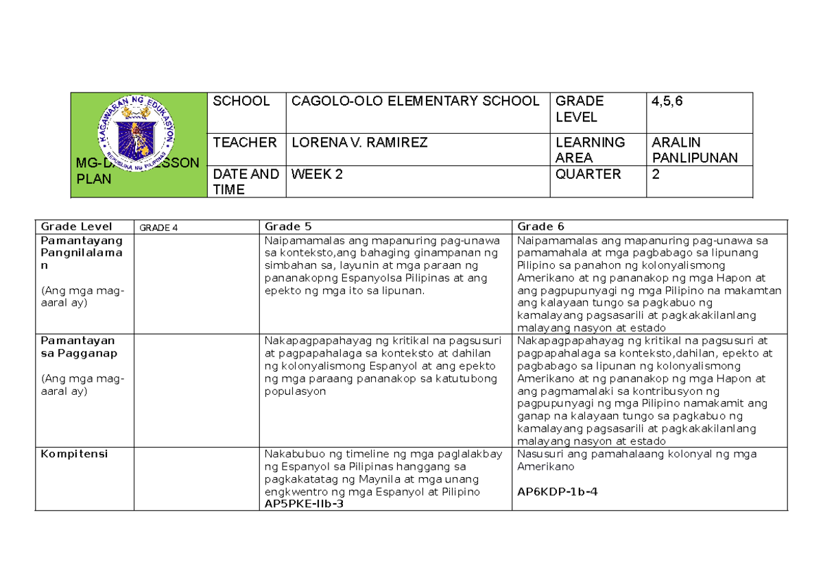 MG-DAILY LESSON PLAN GRADE 4, 5 & 6 - Week 2, Quarter 2 - Studocu