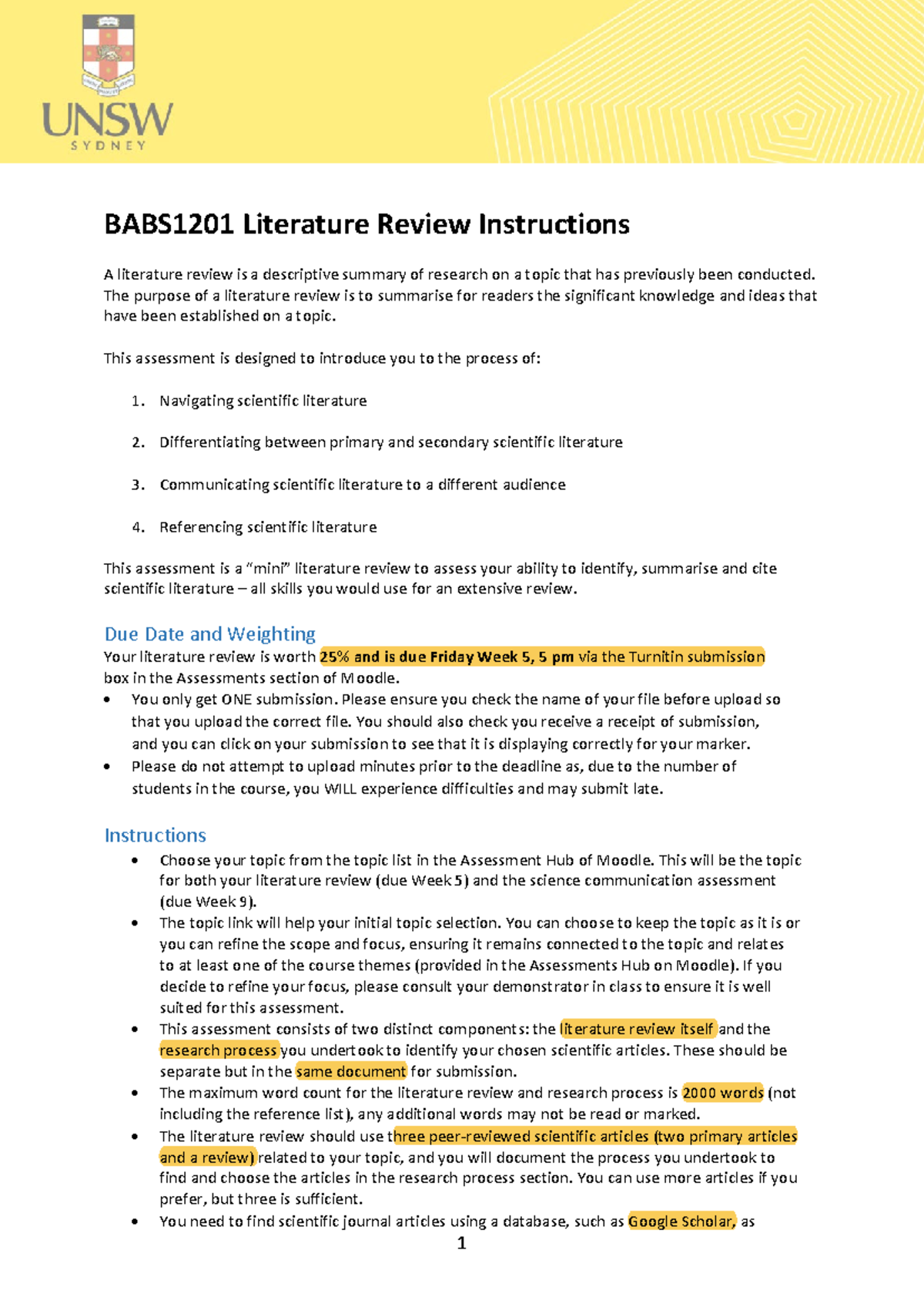 BABS1201 Mini Literature Review Guidelines and Instructions - Studocu