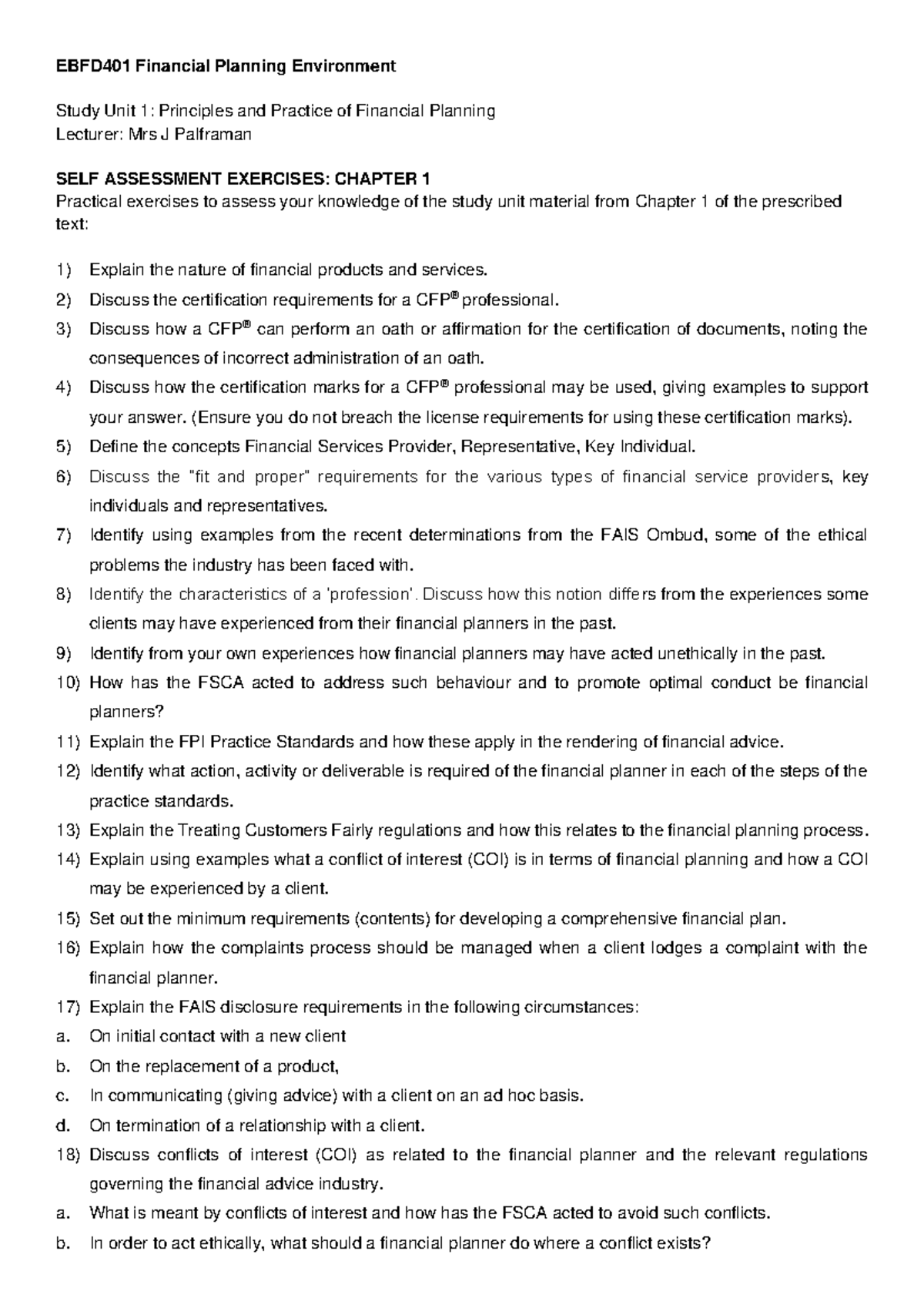 EBFD401 Study Unit 1 - Self Assessment Exercises in Financial Planning ...